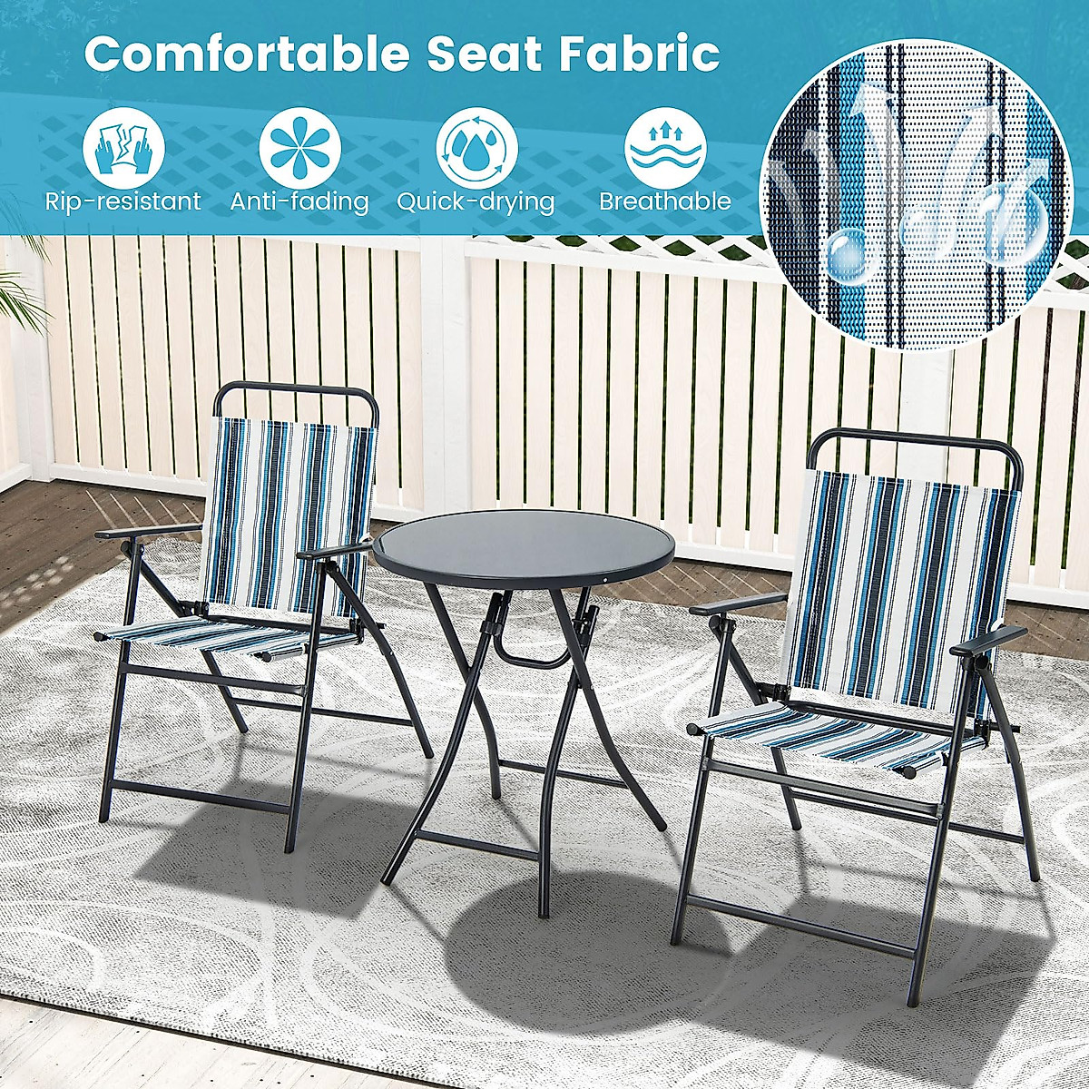 Tangkula 3 Piece Outdoor Folding Chair Set, 2 Folding Chairs with Folding Table, Heavy-Duty Metal Frame, Outdoor Dining Chair Set, Portable Patio Bistro Set for Backyard, Poolside, Balcony