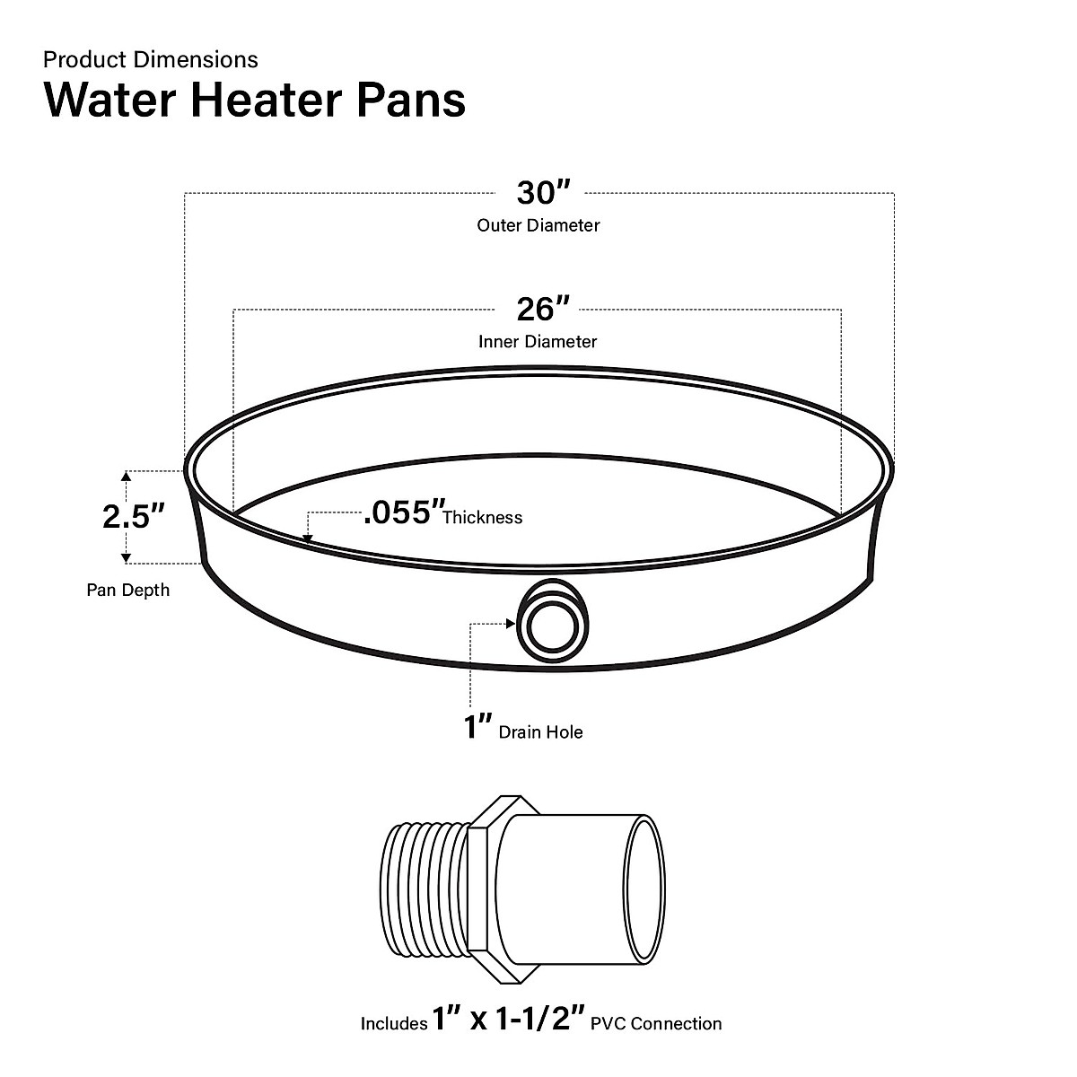 Everflow PWHP28 Plastic Water Heater Drain Pan with 1 in. - 1-1/2 in. PVC Fitting, 28 in. Diameter Black