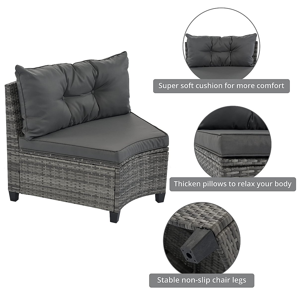 Merax 8-Pieces Outdoor Wicker Round Sectional Curved Sofa Set with Rectangular Coffee Table, PE Rattan Water-Resistant and UV Protected, Movable Cushion, Half-Moon Style, Grey_8Pcs