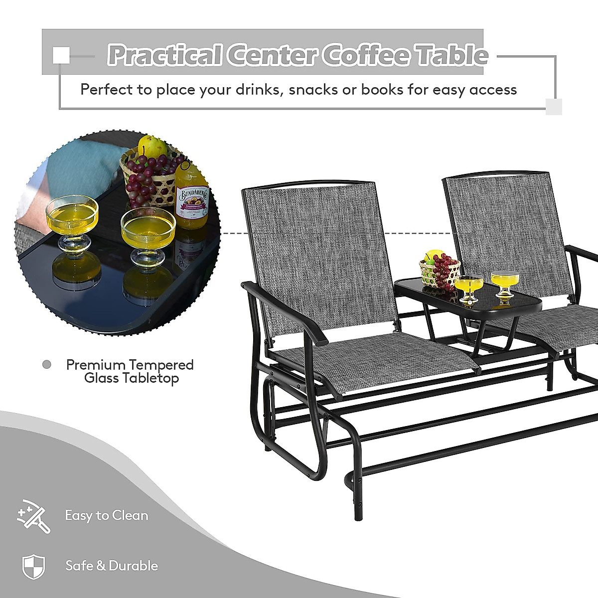 Tangkula 2 Person Swing Glider Chair, Patio Rocking Loveseat w/Center Tempered Glass Table, Outdoor Swing Bench w/Steel Frame & Breathable Mesh Fabric for Porch, Balcony, Poolside  (Grey)