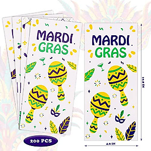 200 Pcs Mardi Gras Cellophane Cookie Candy Bags with 220 Twist Ties Bulk Gift Platic carnival theme Design Goody Treat Bags for Theme School Party Favor