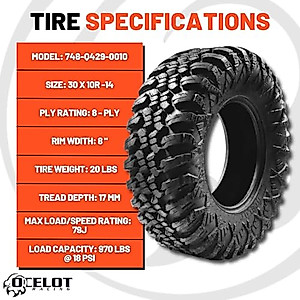 Ocelot Aurora 30x10x14 UTV Tires All Terrain, Durable 8-Ply Radial Construction and Non-Directional Tread, Thick Lugs for Diverse Terrain and Conditions - 30x10x14 UTV Tire