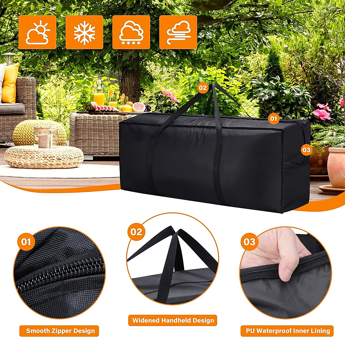 Tycdiose Outdoor Cushion Storage Bag Rectanglar with Zippers and Handles 68L x 30W x 20H Inch Waterproof Patio Csuhion Cover Garden Furniture Storage Bag Black