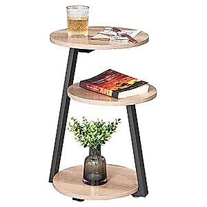 BEWISHOME Round End Table Side with Metal Frame, Accent Nightstand Bedside 3-Tier Shelves, Small for Living Room Bedroom Couch Coffee Greige KTZ41G