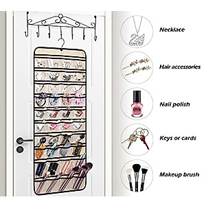 MISSLO Dual-sided Hanging Jewelry Organizer with 40 Pockets and 20 Hook & Loops Closet Necklace Holder for Earring Bracelet Ring Chain with Rotating Hanger, Beige