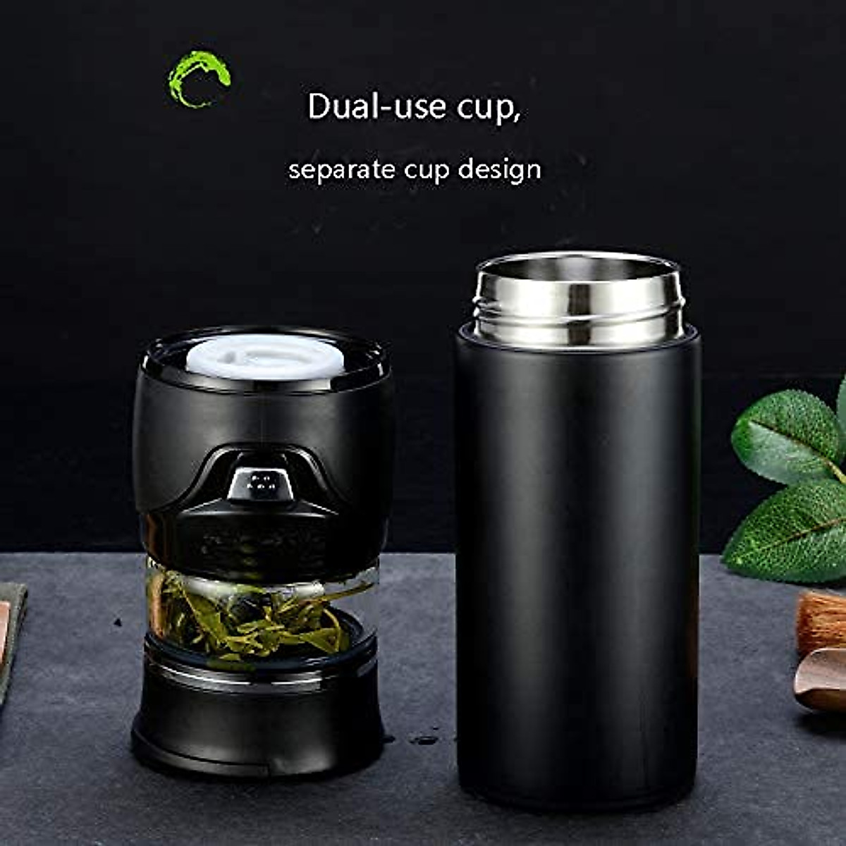 15 oz Double Wall Glass Tea Bottle, Portable Vacuum-Insulated Thermal Tea Bottle, Tea Tumbler with Infuser (black)