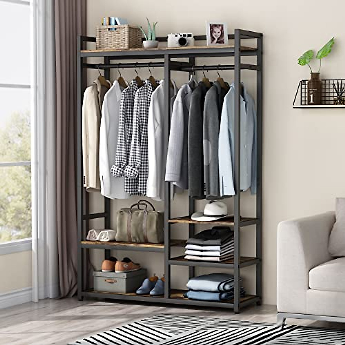 Tribesigns Free-Standing Closet Organizer, Large Double Rod Clothes Garment Rack with Shelves and Tie Rack, Heavy-duty Wardrobe Closet Storage Organizer Clothing Shelving for Bedroom (Rustic Brown)