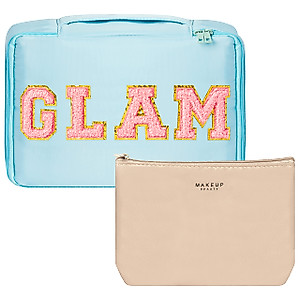 Preppy Patch GLAM Makeup Bag Cosmetic Bag Travel Toiletry Bag Large Brush Bags Case Multifunction Organizer Make Up Bag Reusable Toiletry Bag(Blue)