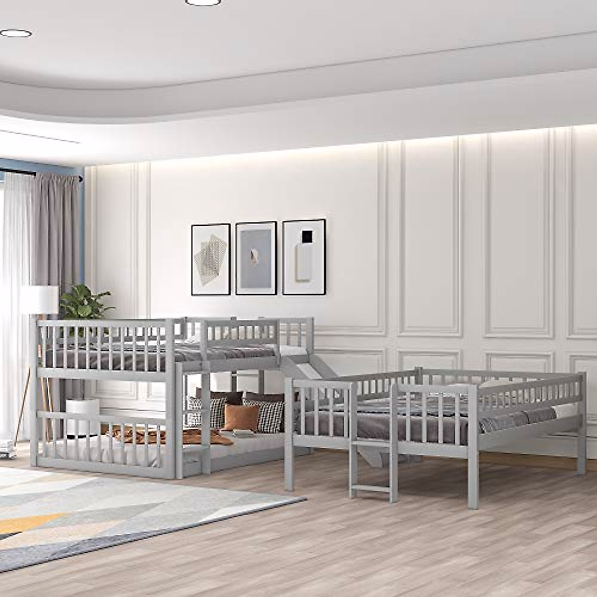 BOVZA Triple Bunk Bed with Slide, Full Over Full Over Full Wood Floor Bunk Bed with Built-in Ladder and Guardrails, 3 Bunk Beds for Kids Teens Adults, Gray