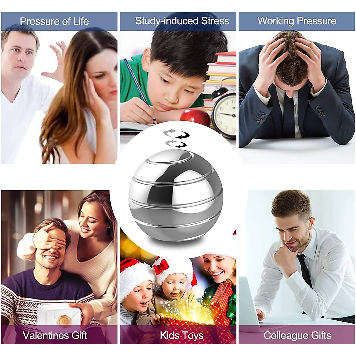 Kinetic Desk Toys,Full Body Optical Illusion Spinner Ball,Gifts for Men,Women,Kids 1.5” Size (Silver)