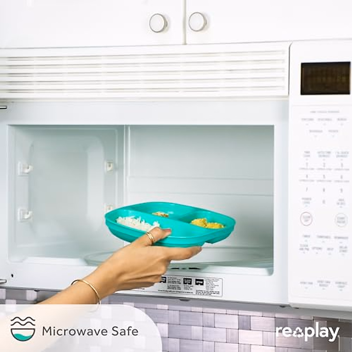 Re-Play Made in USA Deep Walled 3 Compartment Plates, Pack of 4 - Reusable Divided Plates for Kids, Dishwasher and Microwave Safe - Durable Toddler Plates 7.37" x 7.37" x 1.25", Teal