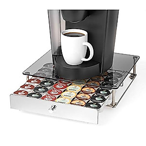 Nifty Rolling Coffee Pod Drawer - Glass Top & Chrome Finish, Compatible with K-Cups, 36 Pod Pack Holder, Compact Under Coffee Pot Storage Drawer, Slim Home Kitchen Counter Organizer