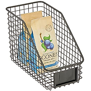 mDesign Slim Slanted Metal Kitchen Food Storage Organizer Bin Basket, Label Slot for Cabinet, Countertop, Pantry, Holder Container for Produce, Fruit, Vegetable, Omaha Collection - Matte Black