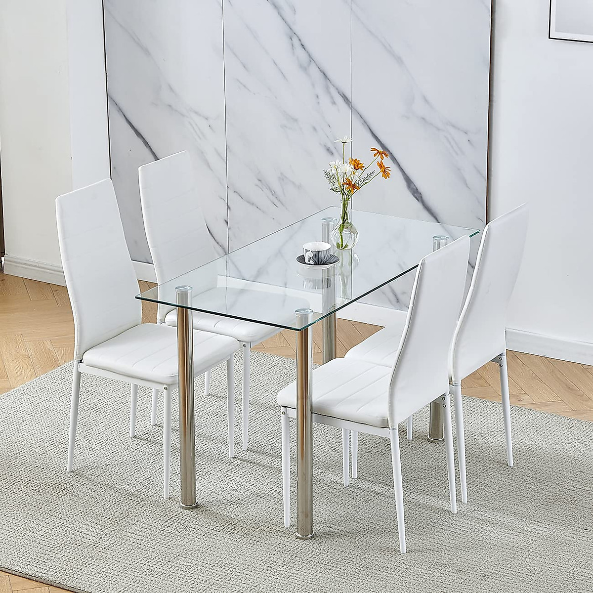 4HOMART 5 PCS Kitchen Table Set Modern Tempered Glass Top Table and PU Leather Chairs with 4 Chairs Dining Room Furniture White