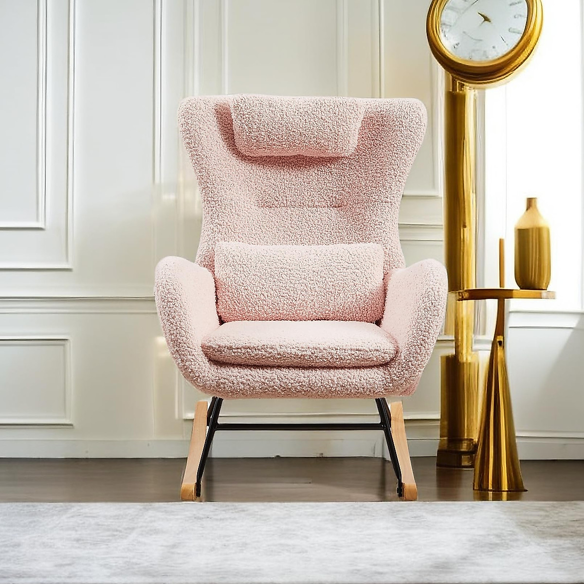 TMEOSK Small Rocking Chair Nursery, Modern Rocking Chair with Side Pockets and High Backrest, Comfy Accent Glider Chair with Headrest and Lumbar Pillow for Living Room, Bedroom (Pink)