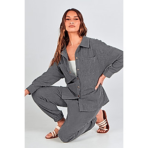 PRETTYGARDEN Women's 2 Piece Outfits Casual Corduroy Long Sleeve Button Down Jacket and Pants Tracksuit with Pockets (Grey,Large)