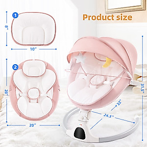 Jaoul Baby Swings for Infants, Electric Portable Baby Swing for Newborn Baby, Bluetooth Touch Screen/Remote Control Timing Function 5 Swing Speeds 3 Seat Positions Baby Bouncer for Boy Girl Pink