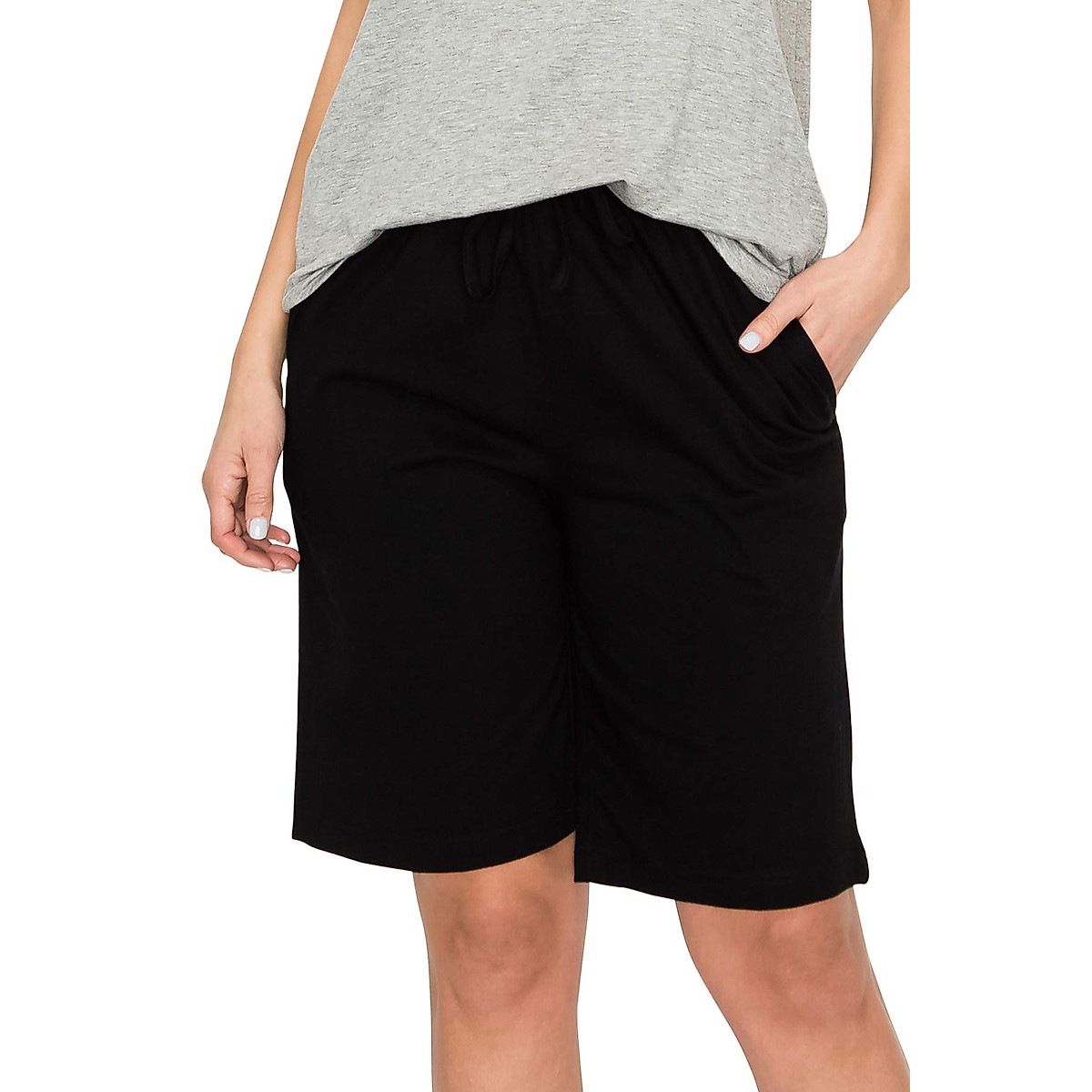EttelLut - Women's Knee Length Comfy Elastic Bermuda Shorts with Side Pockets - Black Large