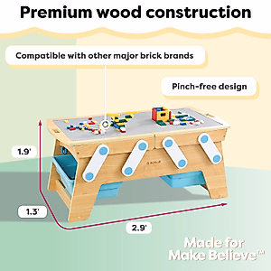 KidKraft Building Bricks Play N Store Wooden Table, Children's Toy Storage with Bins, 200+ Building Blocks Included, Natural, Gift for Ages 3+