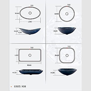 Bathroom Vessel Sink with Drain Combo, Countertop Bathroom Sink Bowl Tempered Glass Vanity Sink Bowl On the Top Navy Blue Vessel Bowl Sink, Does Not Include Faucet,Oval (Square Oval)