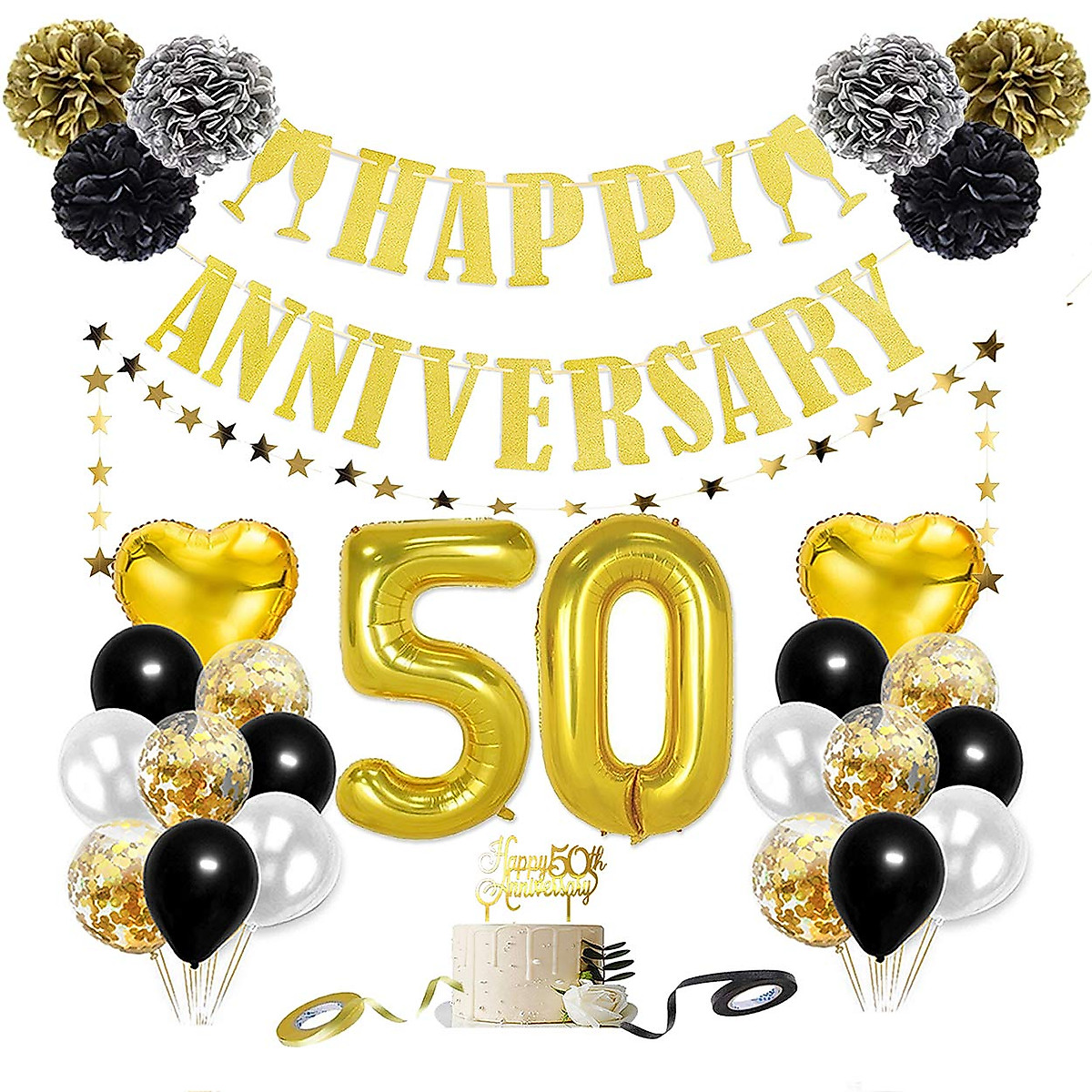 50th Anniversary Decorations, Happy 50th Wedding Anniversary Decorations with Banner, Cake Topper, Huge Number Letter, Star Hanging, Paper pom poms, Balloons for Happy 50th Anniversary Decorations