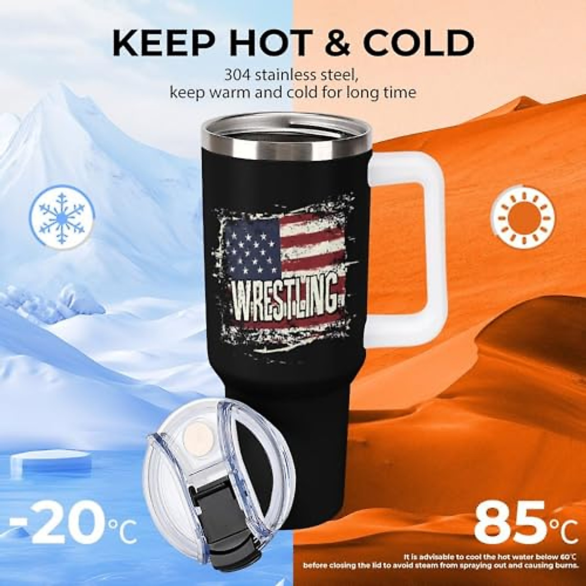 Vintage Wrestling U.S.A Flag 40oz Water Bottle Double Wall Insulated Tumbler with Handle Leakproof Travel Mug White-style