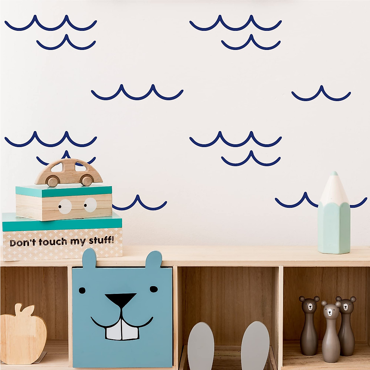 A Room with Dark Blue Wave Vinyl Wall Decals, Peel and Stick Ocean Beach Stickers for Nursery, Kids Bedroom Livingroom Home Wall Decor