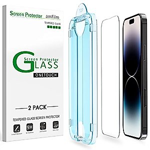 amFilm Screen Protector OneTouch Compatible with iPhone 14 Pro Max 6.7", Dynamic Island Compatible- with Easy Installation Kit, Full Coverage Case Friendly, Tempered Glass, 2 Pack