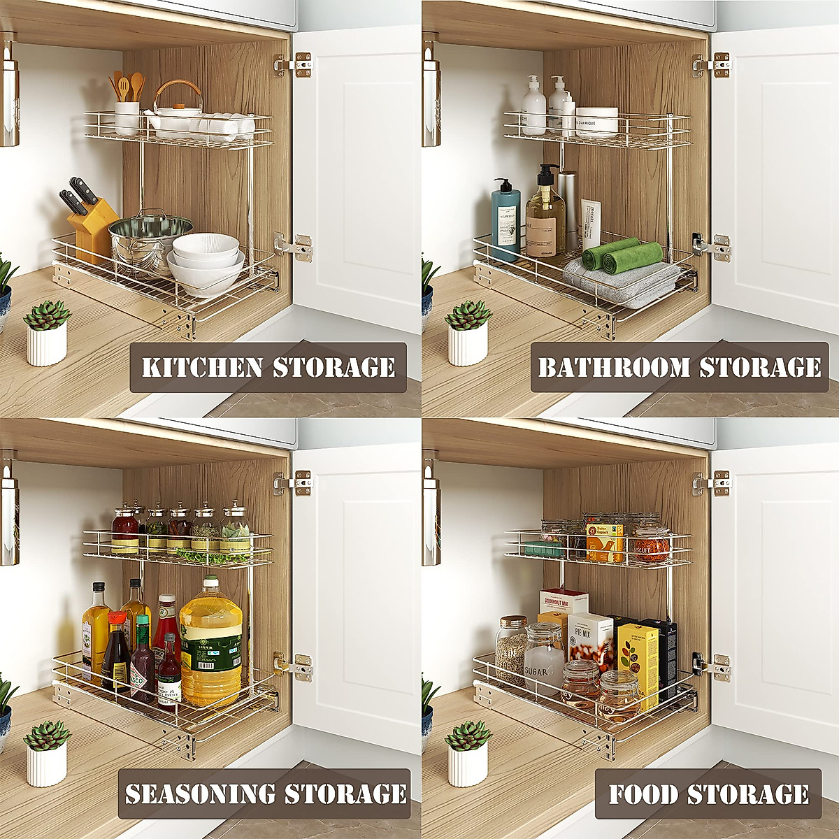 HOSUN Pull Out Under Sink Cabinet Organizer, 2 Tier Slide Wire Shelf Basket- 10.43W x 17.32D x 14.56H - Request at Least 12 inch Cabinet Opening, Perfect For Kitchen/vanity Under Sink Storage