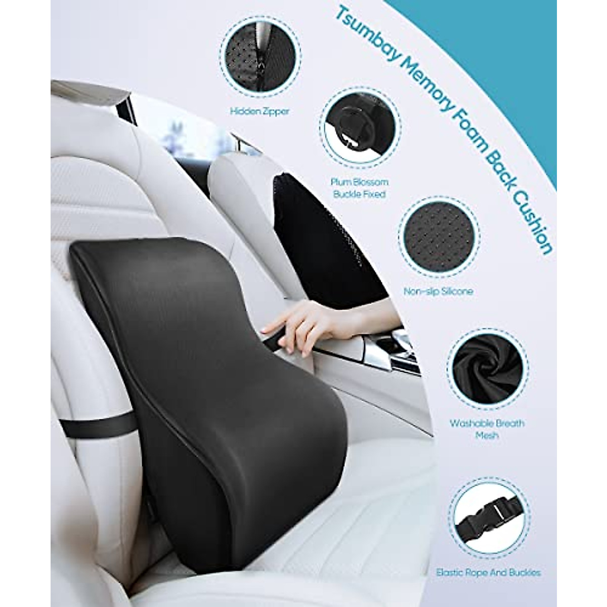 Tsumbay Lumbar Support Pillow Memory Foam Back Cushion Ergonomic Backrest for Back Pain Relief with Breathable 3D Mesh and Adjustable Belts, for Office Chair, Car Seat, Gaming Chair and Wheelchair