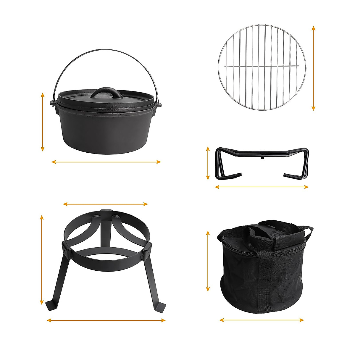 AJinTeby Outdoor Cooking Set,Campfire Kit, Camp Kitchen Equipmen with Campfire Tripod for Dutch Oven, Cast Iron Pot, Grill Grate, Camp Oven Lid Lifter, Carry Bag, Outdoor Cooking Essentials (5 Pack)