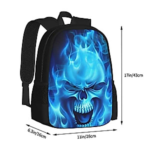 ALIFAFA Skull School Backpack Cool Skull with Blue Fire Bookbag for Boys Girls Elementary Middle High College School Casual Travel Bag Computer Laptop Daypack Rucksack, 17 Inch