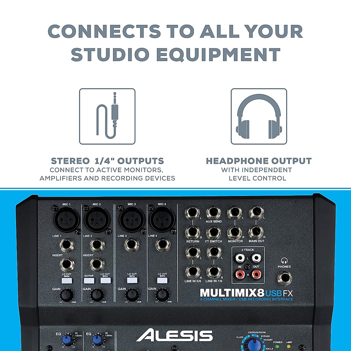 Alesis MultiMix 8 USB FX – 8 Channel Compact Studio Mixer with Built In Effects & USB Audio Interface for Live Sound and Home Studio Recording