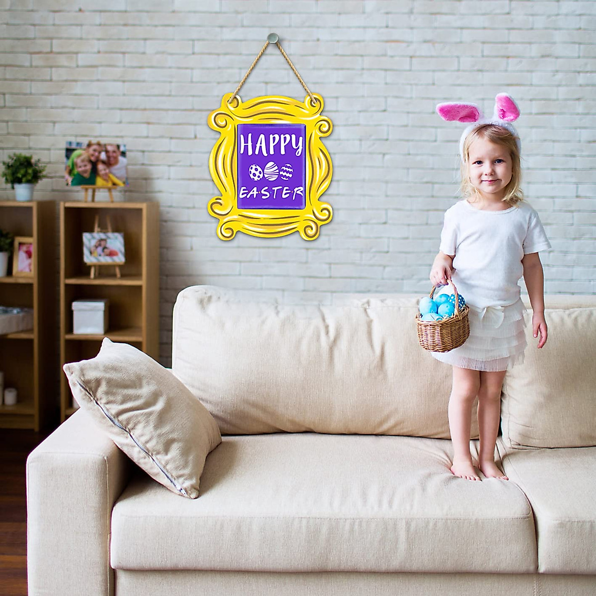 Happy Easter and Eggs Sign Welcome Large Hanging Sign Door Decor with Rope for Easter Party Garden, Yard Spring Home Decorations