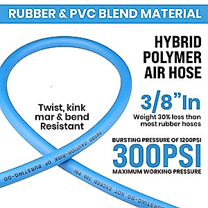 YOTOO Hybrid Lead in Air Hose 3/8-Inch by 6-Feet 300 PSI Heavy Duty, Lightweight, Kink Resistant, All-Weather Flexibility with Bend Restrictors, 1/4-Inch Industrial Quick Coupler and Plug, Blue