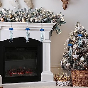 Sea Urchin Jellyfish Christmas Ornament Coastal Beaded Beach Theme Holiday Decorations Ocean Inspired Elegant Hanging Jellyfish Decorations with Clear Crystal and Ribbons (Dark Blue,3 Pcs)