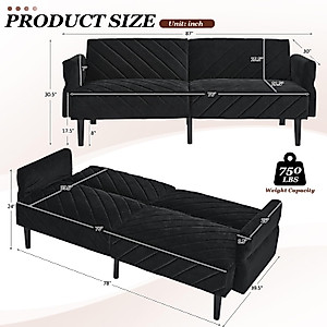 87 Inch Futon Sofa Bed, Modern Convertible Sleeper Futon Couch with Adjustable Armrests and Backrest, Velvet Oversized Loveseat Sofa Couch for Living Room, Apartment,Black