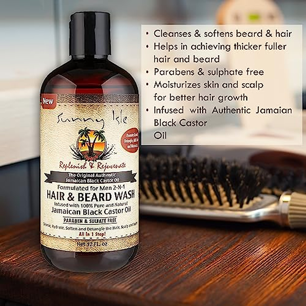 Sunny Isle Jamaican Black Castor Oil 2-N-1 Hair & Beard Wash 12oz | Cleanses, Hydrates, Moisturizes Hair & Skin | Detangles Beard | Paraben & Sulfate FREE