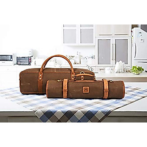 Aaron Leather Goods Leather Knife Roll With Storage Bag, Elastic and Expandable 10 Pockets, Adjustable/Detachable Shoulder Strap, Travel-Friendly Chef Knife Case (Green, Canvas)