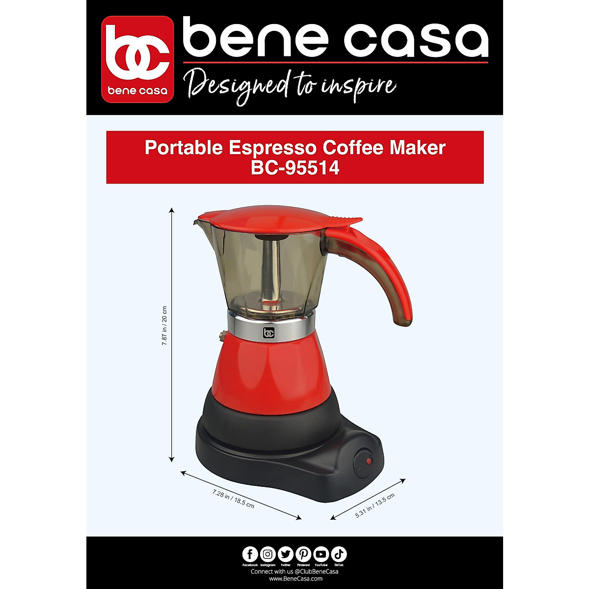 Bene Casa - Electric Espresso Maker 1-3 Cup Red, Cafetera Electrica Roja de 3 Tasa Model BC-95514.