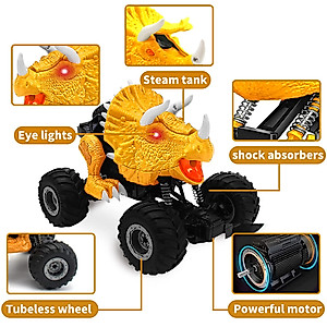Bravepal Remote Control Stunt Dinosaur Car - 360° Rotation Off Road Monster 2.4 GHz RC Trucks Toy, 2 Rechargeable Batteries RC Car with Sound Effects, Flash Roar Spray and Lights for Boys Girls