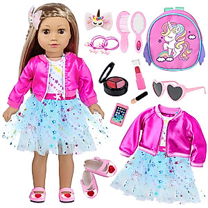 American 18 Inch Doll Clothes and Makeup Accessories Set Includes 18 Inch Doll Clothes Backpack Sunglasses Phone Shoes Comb Mirror Eye Shadow Lipstick Hair Clip Hair Tie for 18 Inch Doll