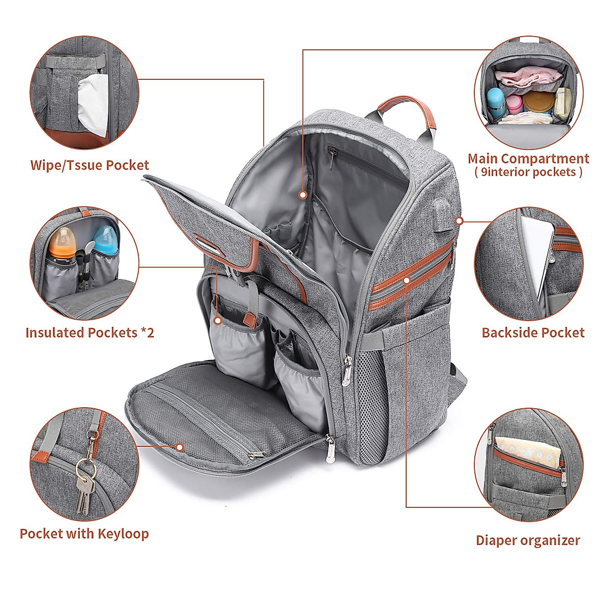 Diaper Bag Backpack, Billiton Diaper Bags for Baby Boy Girl,Baby Bags for Boys Girls,Large Diaper Bag with Changing Station Pad, Multi-Function Waterproof Baby Diaper bag backpack, Grey