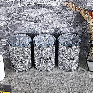 JUXYES Set of 3 Sparky Glass Crushed Diamonds Canisters Set for Sugar Coffee Tea, Luxurious Diamond Style Storage Containers Sets with Lids Decorative Storage Pots for Kitchen Counter Dining Room