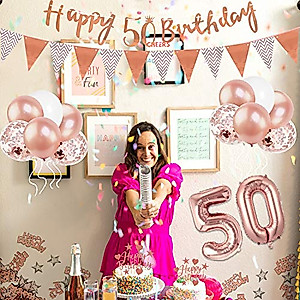 MOVINPE 50th Rose Gold Birthday Decorations, 50th Happy Birthday Banner Pennant Flags 6pcs Hanging Swirl, Number 50 Foil Balloons 8pcs Latex Balloons Cake Toppers Table Confetti for Women