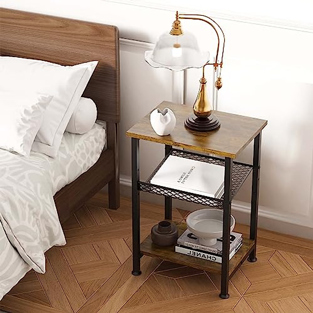 iDavosic.ly 3 Tier Small Side Table, Modern End Table Living Room, Industrial Wood Metal Bedside Table, Nightstand with Adjustable Shelf for Bedroom, Office, Kitchen, Rustic Brown and Black