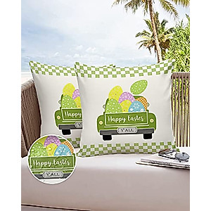 Pack of 2 Outdoor Pillow Covers Happy Easter Colorful Floral Texture Truck Waterproof Decorative Patio Cushion Cover Green Check Outdoor Throw Pillows for Patio Furniture Garden Sofa 18x18 Inch