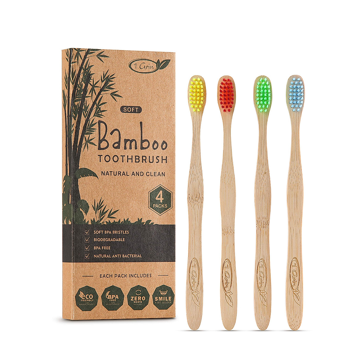 1Grin Bamboo Toothbrush, Wooden Toothbrush, Wooden Handle & Colorful Soft Bristles Heavy Duty Strong Handle Vegan Eco Friendly Natural Organic Non Plastic Zero Waste (Individually Packed 4 pcs)