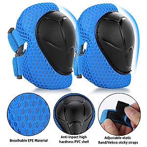 WayEee Kids Bike Helmet Set Skateboard Knee Pads, 7PCS Protective Gear Adjustable for Girls Boys 3-10 Age Elbow Pads Wrist Guards for Outdoor Sports Cycling Bike Roller Skating Scooter, Youth, Blue