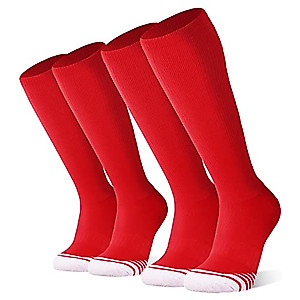 FITRELL 2 Pack Baseball Soccer Softball Socks for Youth Men & Women Over-the-Calf Knee High Socks Sports Tube Socks, Red, Medium
